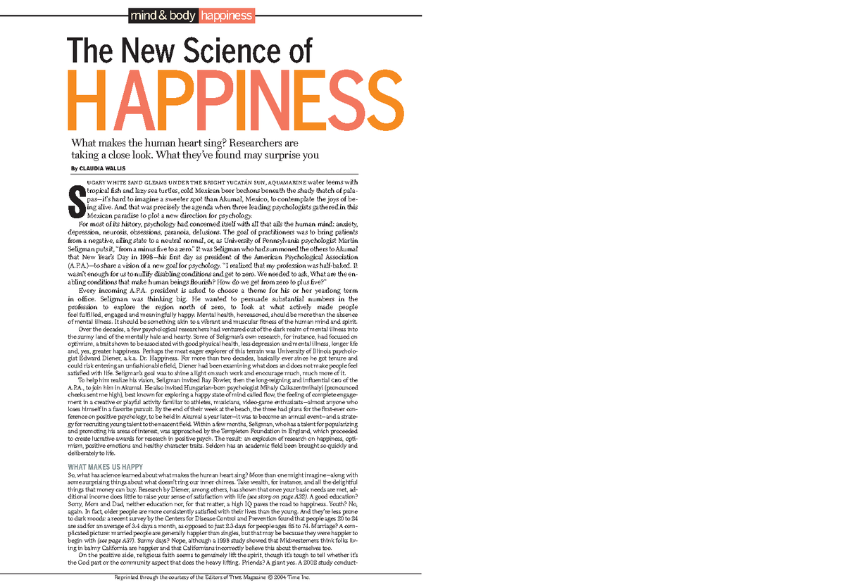 Happiness Article from the Times - By CLAUDIA WALLIS HAPPINESS The New ...