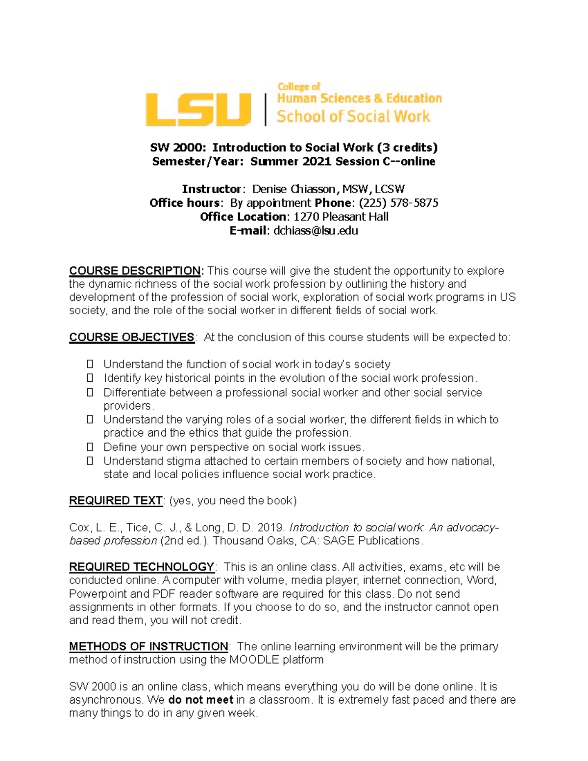 SW 2000 Syllabus Summer 2021 - SW 2000: Introduction to Social Work (3 ...