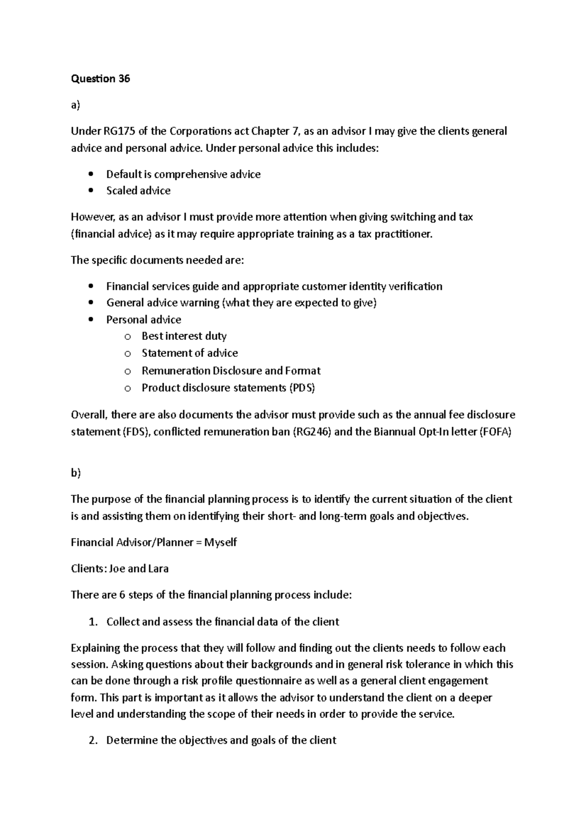 Final exam fins2643 - Question 36 a) Under RG175 of the Corporations ...