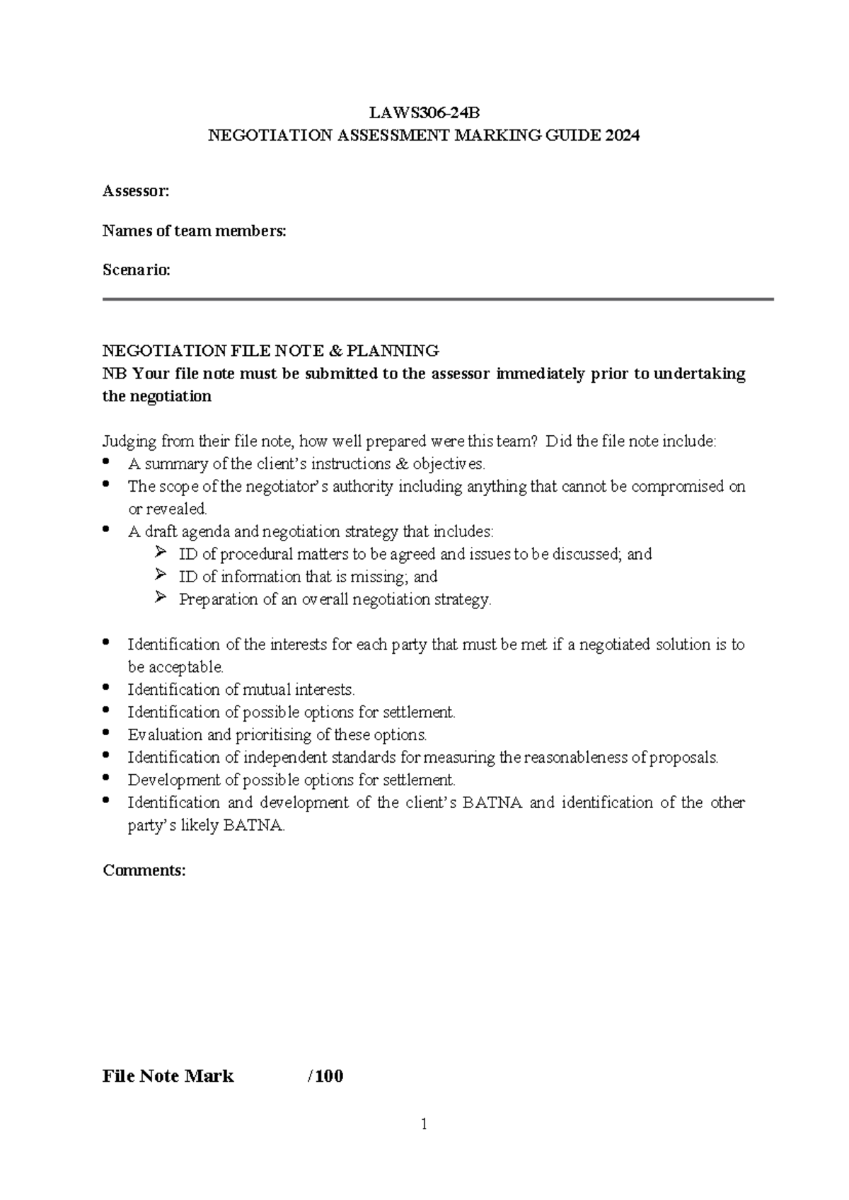 Negotiation Marking Guide 2024 - LAWS306-2 4 B NEGOTIATION ASSESSMENT ...