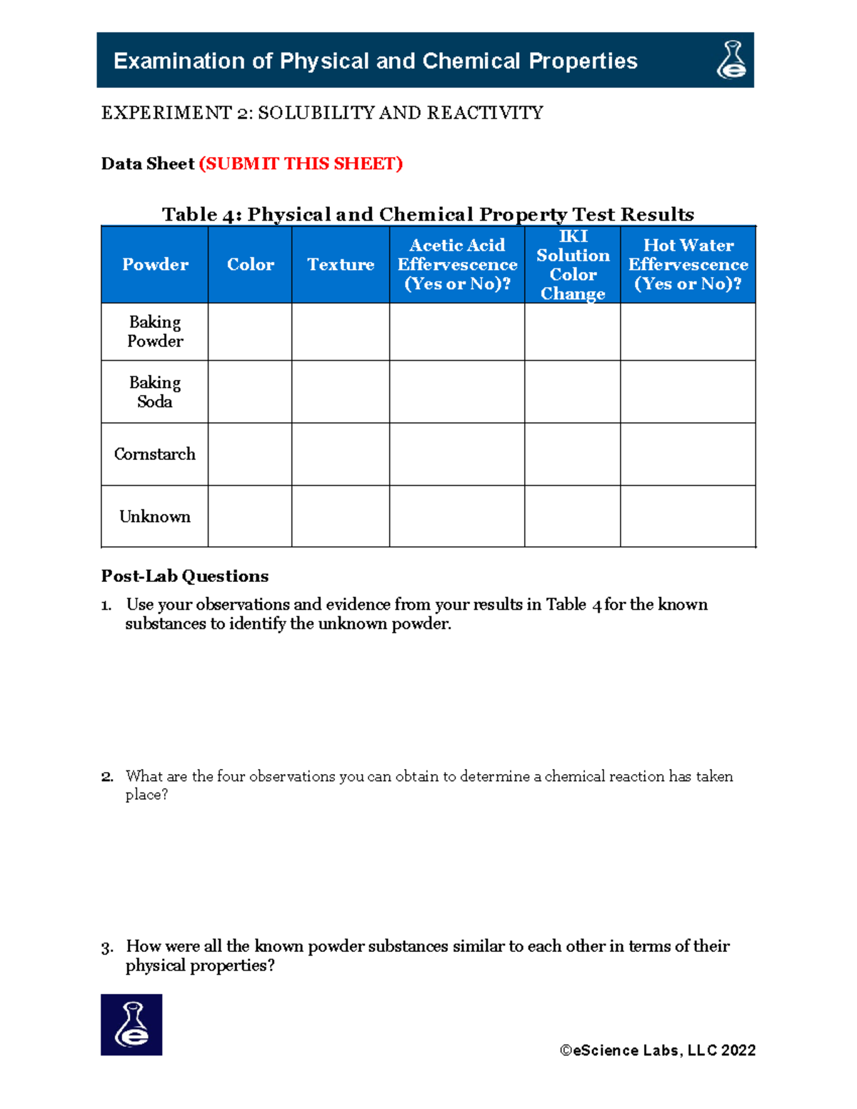 Data sheet Examination of Physical and Chemical Properties-and Post lab ...