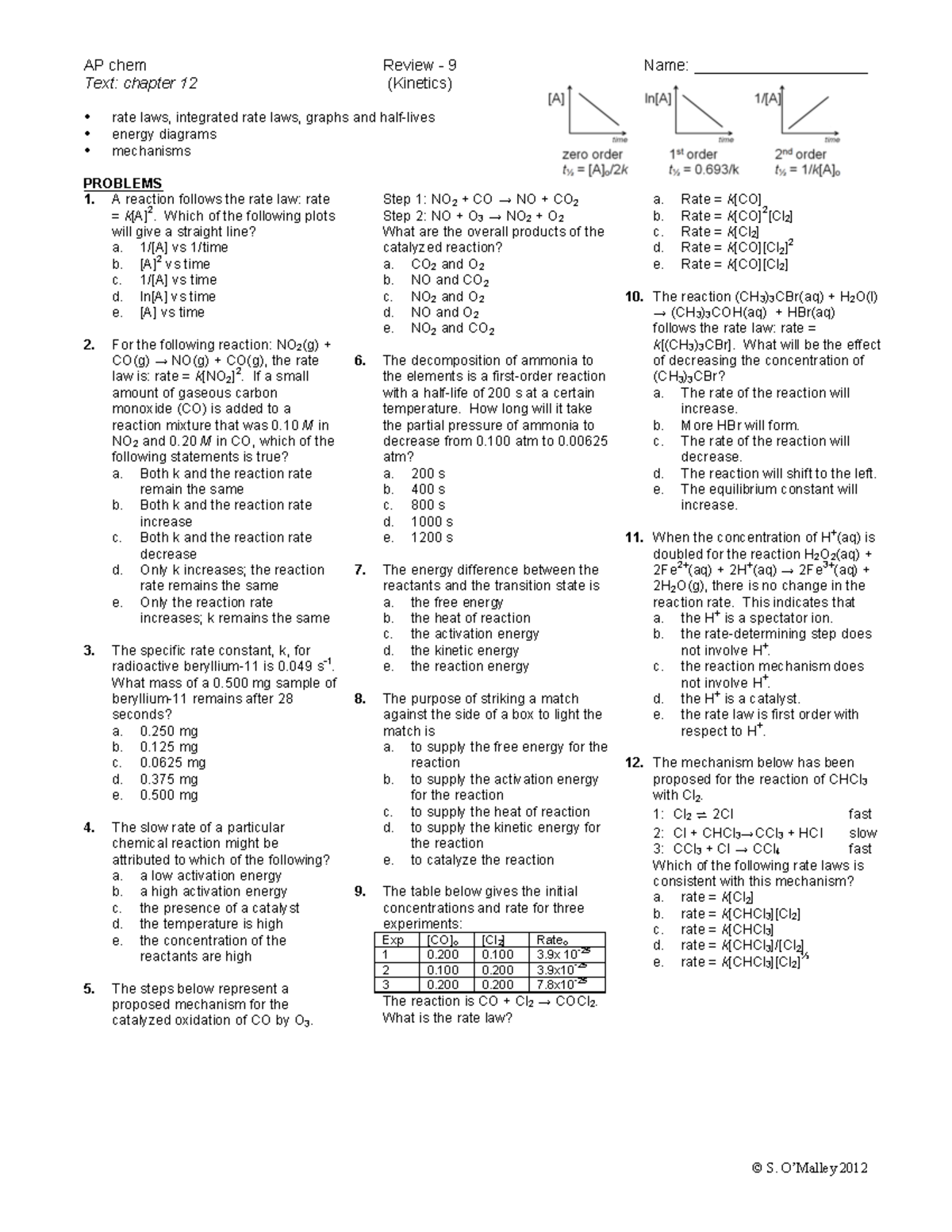 09 - kinetics - AP chem Review - 9 Name: ____________________ Text ...