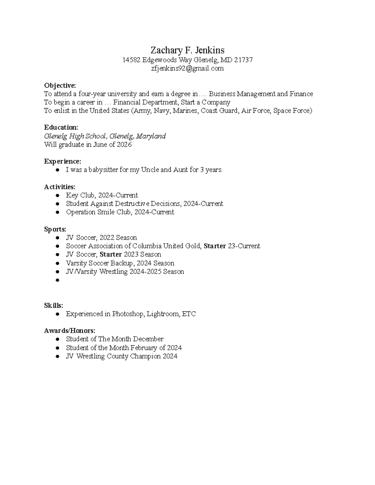 Zach J. Resume Template - Zachary F. Jenkins 14582 Edgewoods Way ...