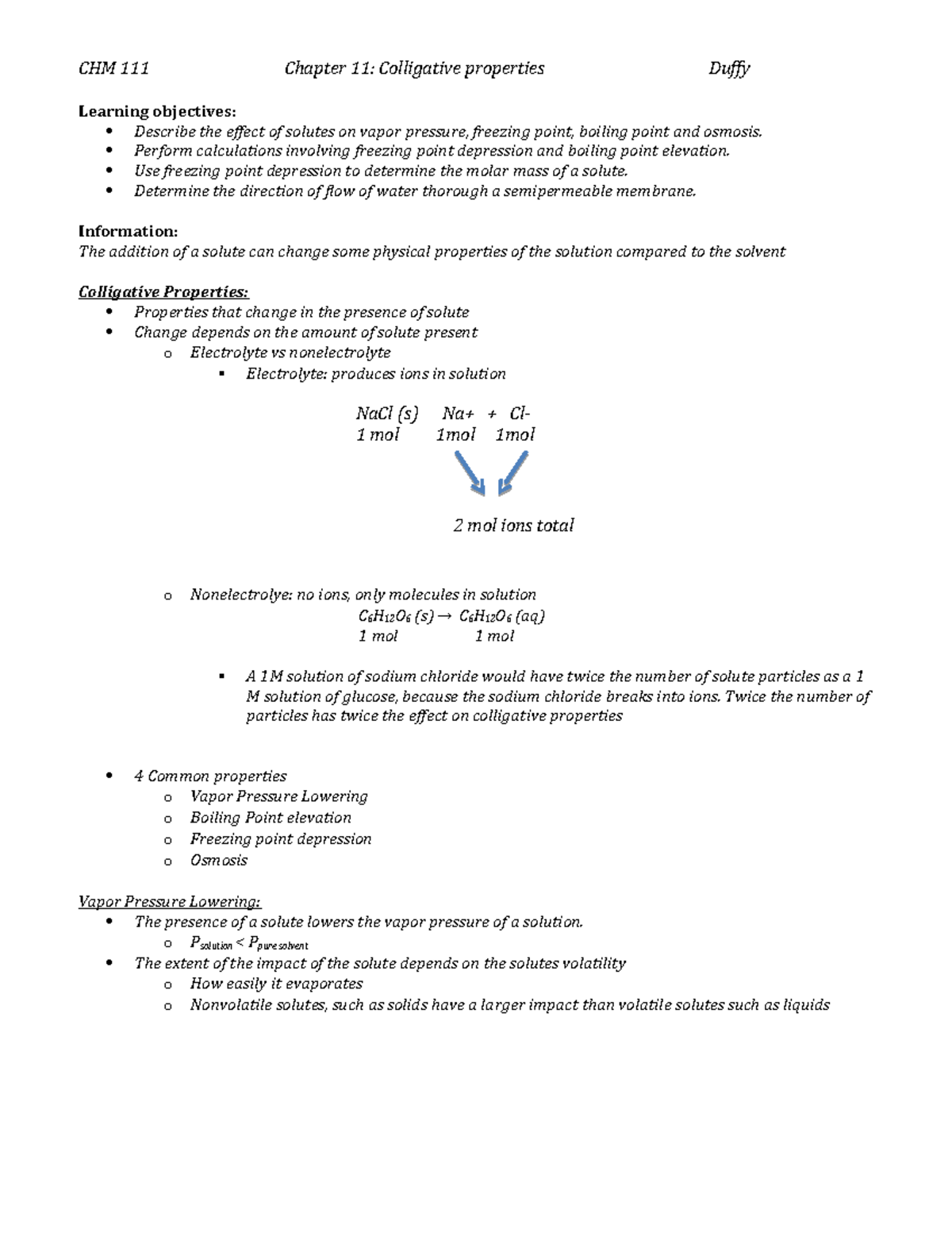 CHM 111 GI Colligative properties - Learning objectives: Describe the ...