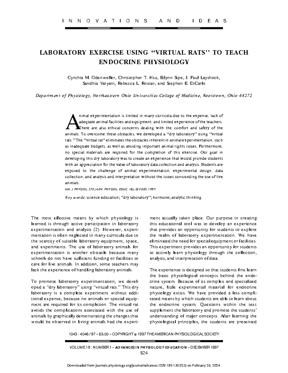 Odenweller et al 1997 laboratory exercise using virtual rats to teach ...