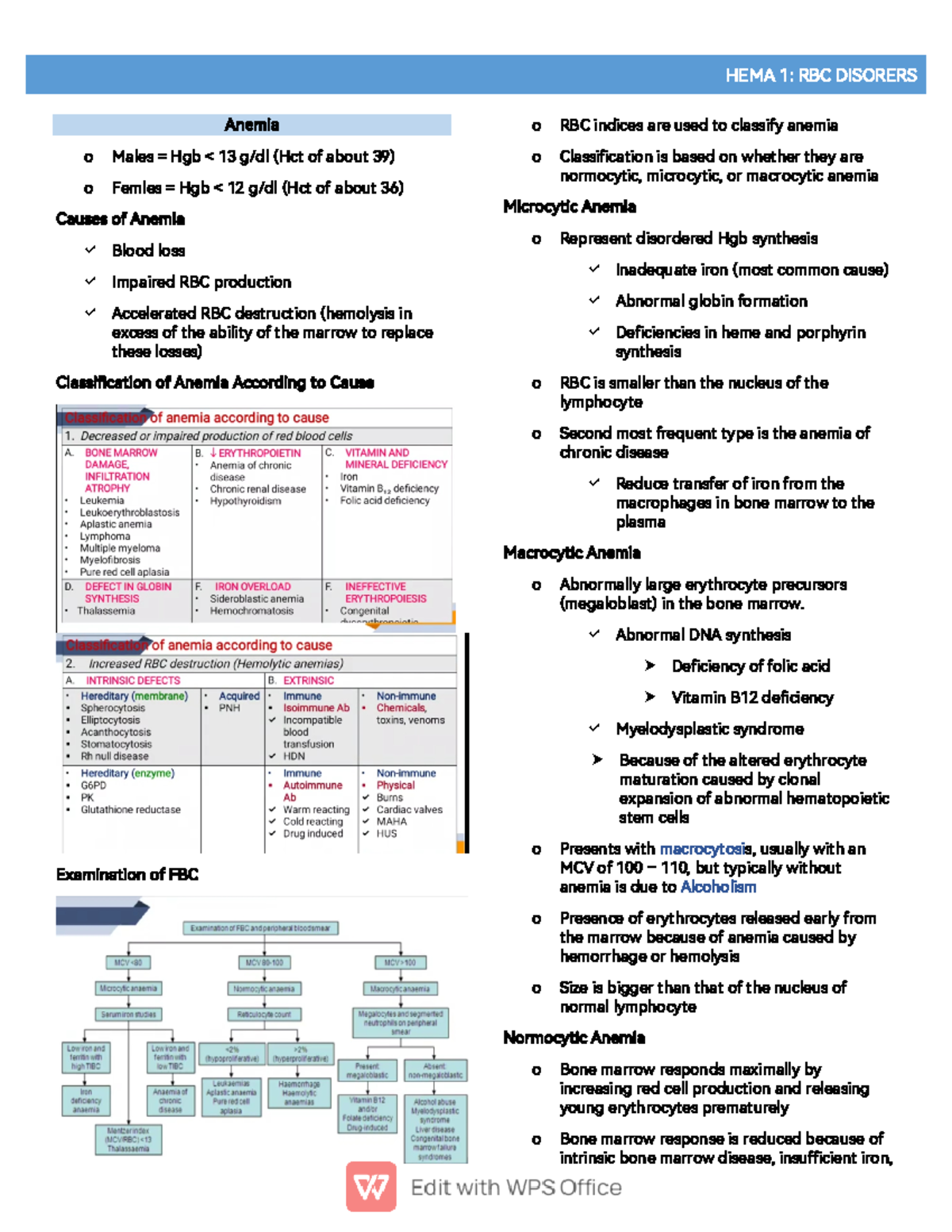 RBC disorders part I - Lecture notes on hema - Anemia o Males = Hgb