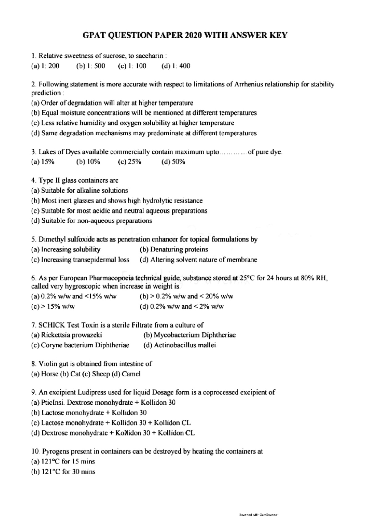 Gpat question paper 2020 - Physical Pharmacy Lab II - MU - Studocu