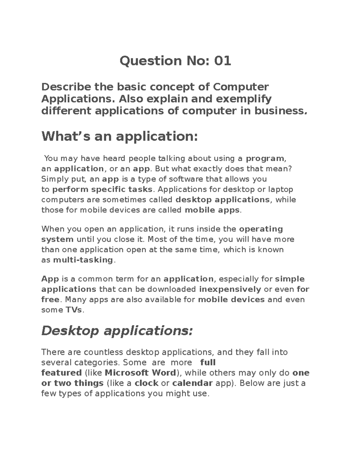 Computer - Question No: 01 Describe the basic concept of Computer ...