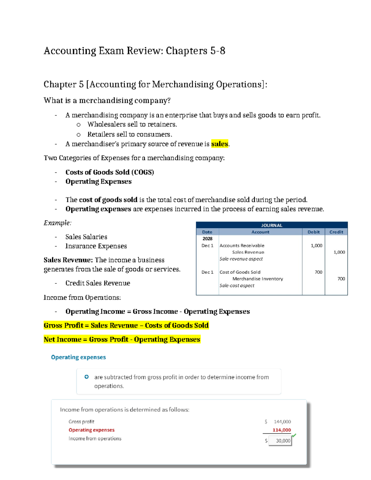 Accounting Exam Review - o Wholesalers sell to retainers. o Retailers ...