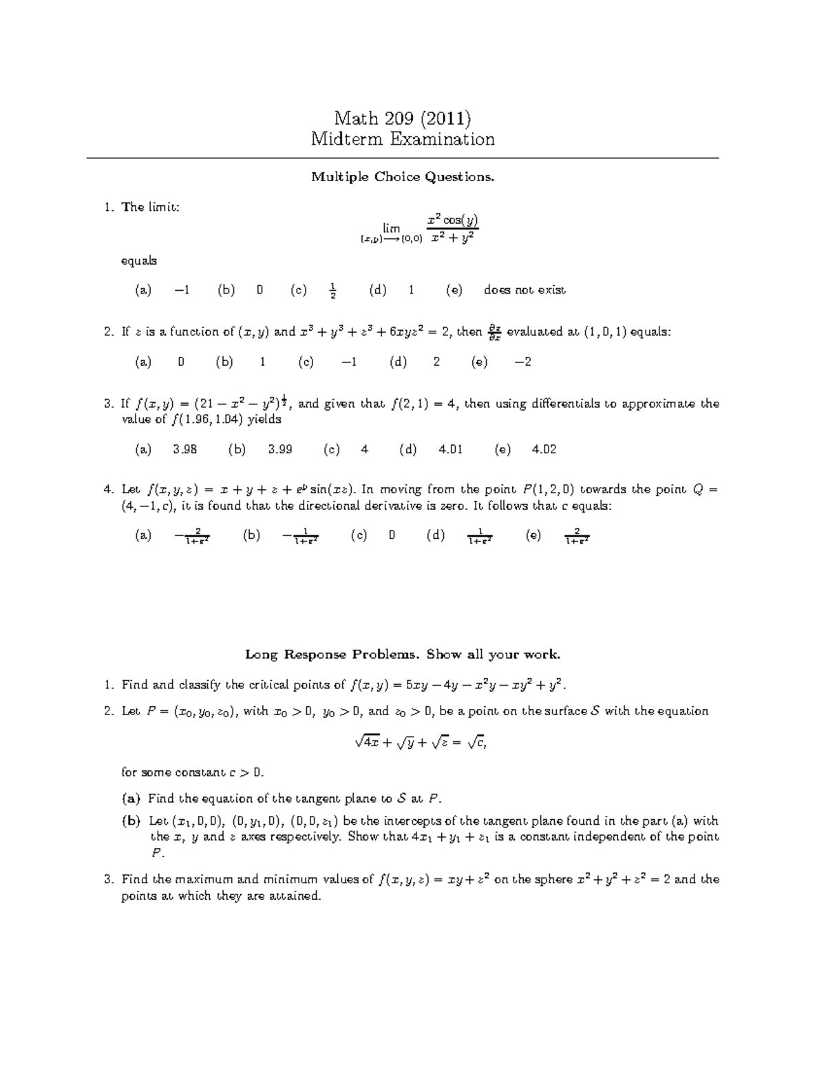 Sample/practice exam 2009, questions and answers - Math 209 (2011 ...