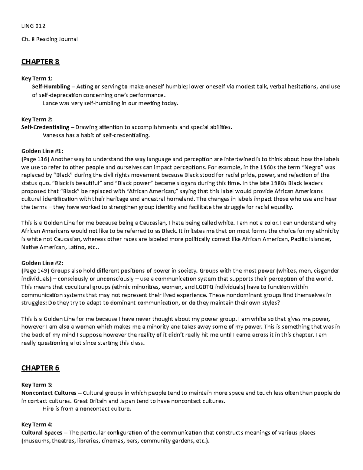 Journal Chapters 5-6 - LING 012 Ch. 8 Reading Journal CHAPTER 8 Key ...