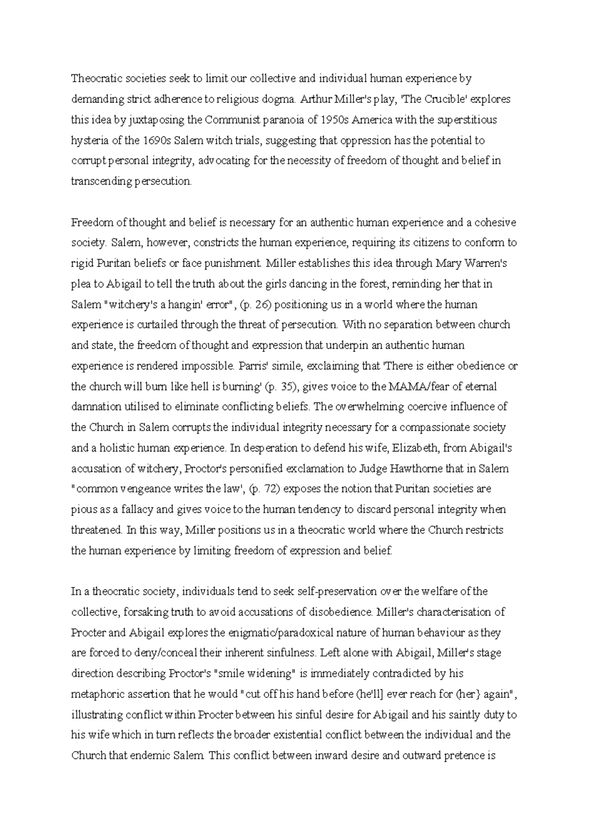 The Crucible Essay - Theocratic societies seek to limit our collective ...