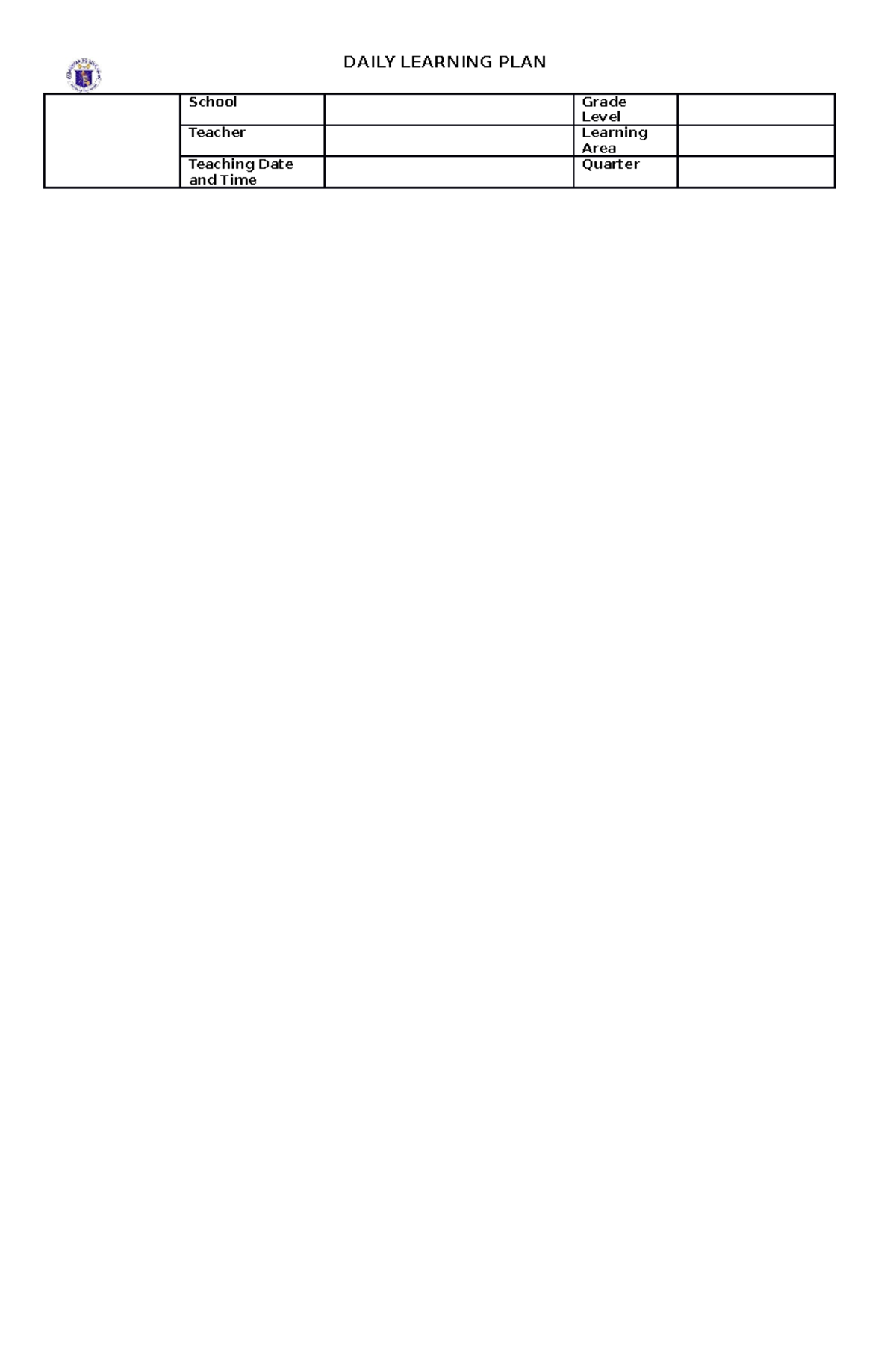 Engslish 9 1st week - n/a - DAILY LEARNING PLAN School Grade Level ...