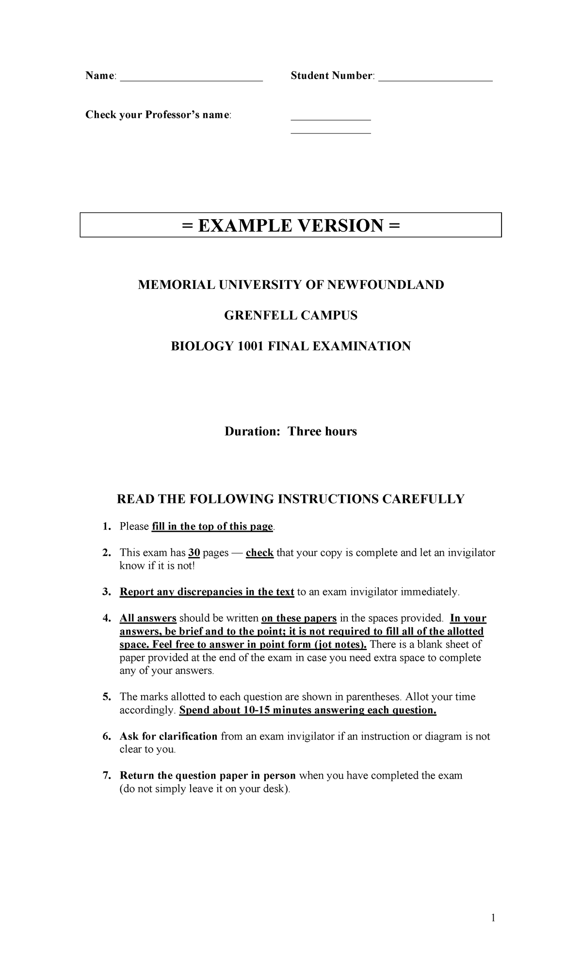 BIOL1001 Example Final Exam - Name : _________________________ Student ...