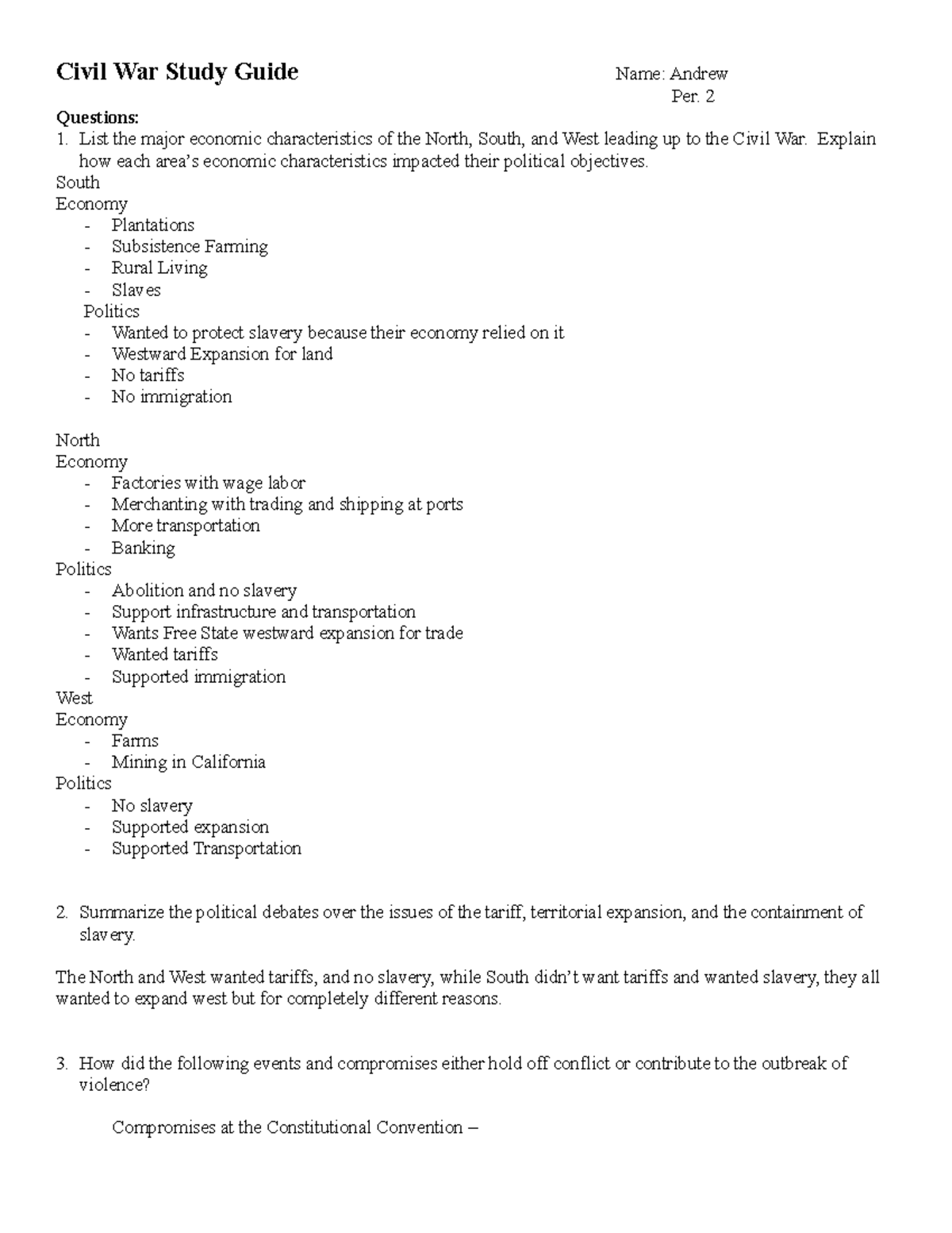 Civil+War+Study+Guide - Civil War Study Guide Name: Andrew Per. 2 ...