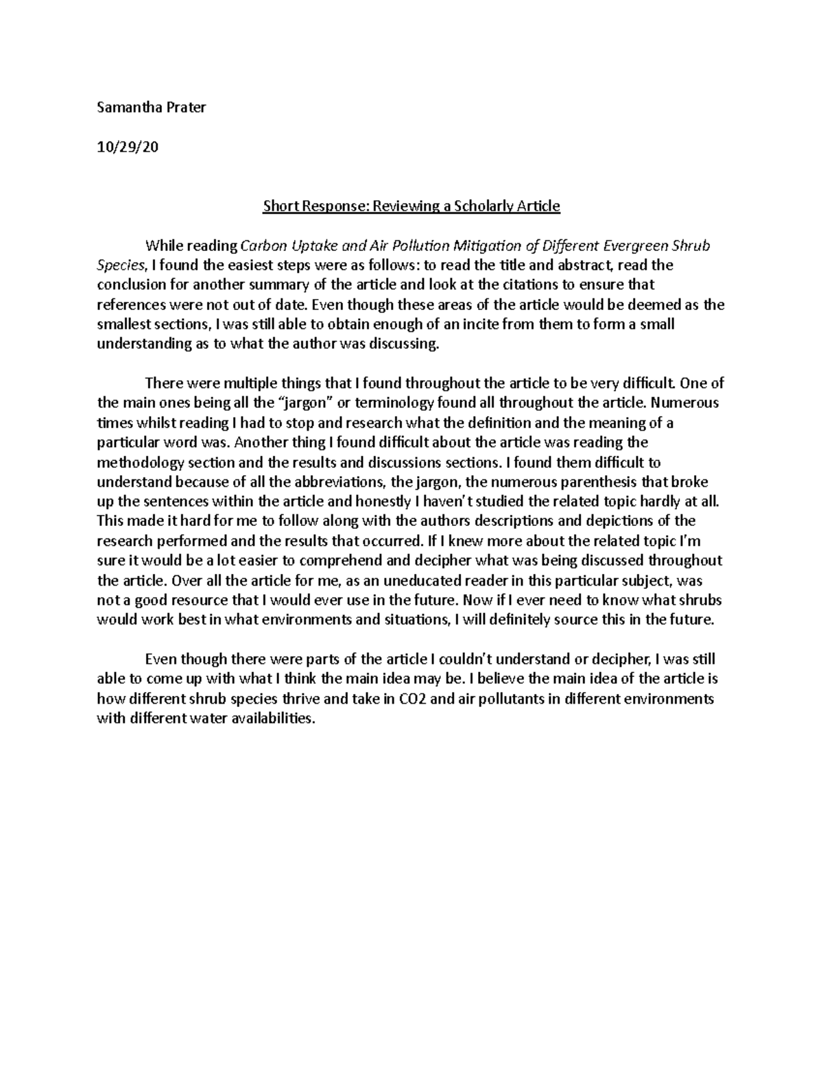 Short Response-Reviewing a scholarly article - Samantha Prater 10/29 ...