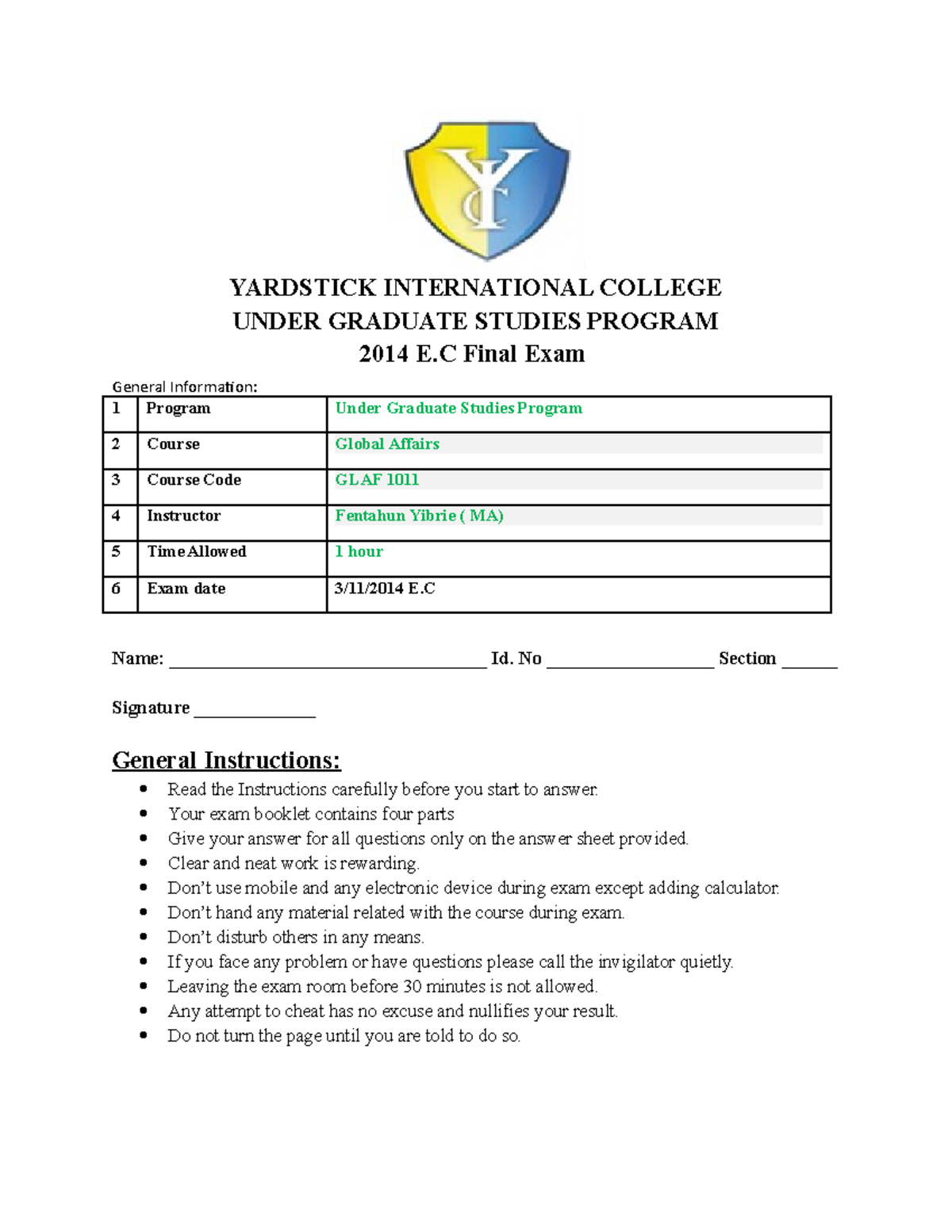 Global Affairs exam - assignment - YARDSTICK INTERNATIONAL COLLEGE ...