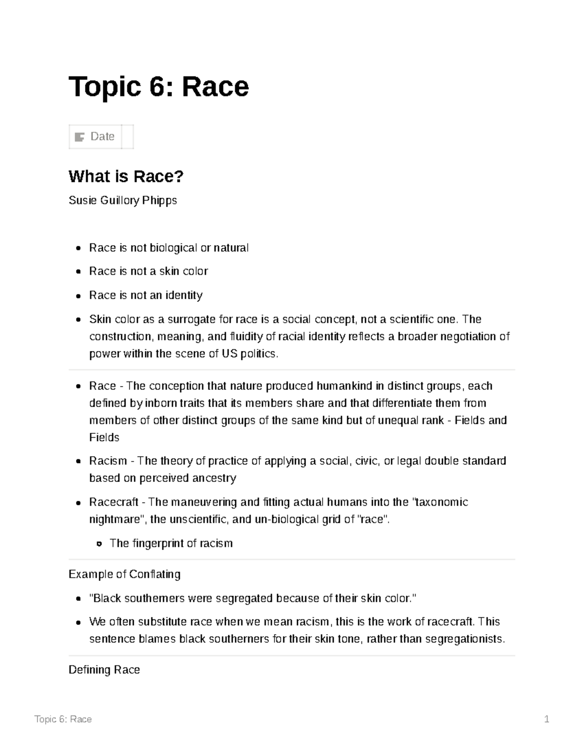 Topic 6, Week 6: Race - Topic 6: Race 1 Topic 6: Race Date What is Race ...
