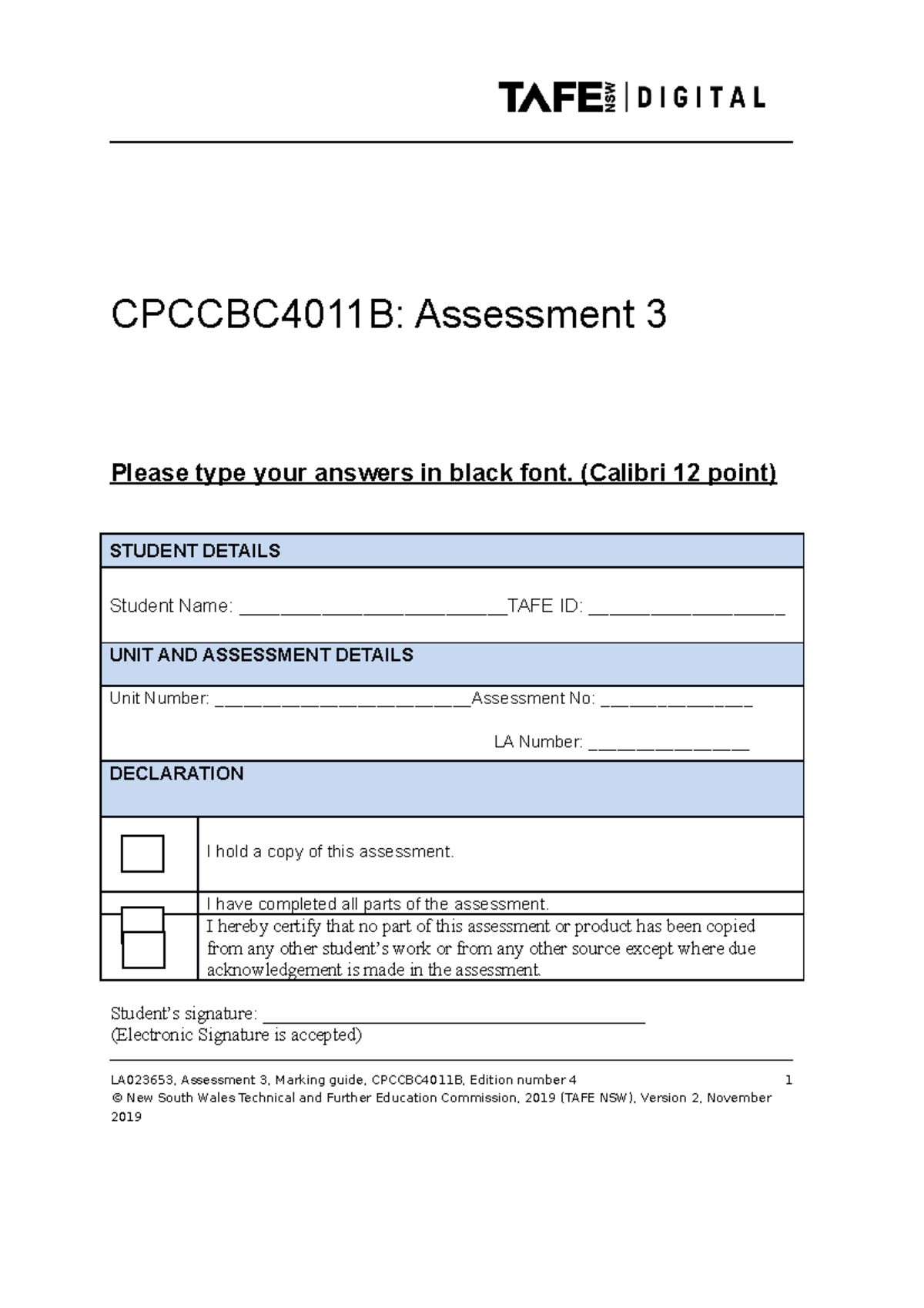 LA023653-Assn3-Answer sheet- Cpccbc 4011B-Ed4 - CPCCBC4011B: Assessment ...