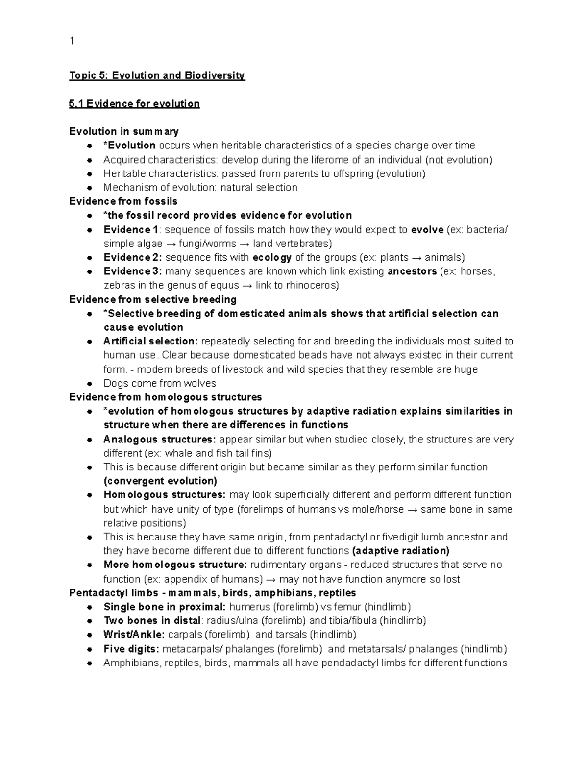 Topic 5 - Topic 5: Evolution and Biodiversity 5 Evidence for evolution ...