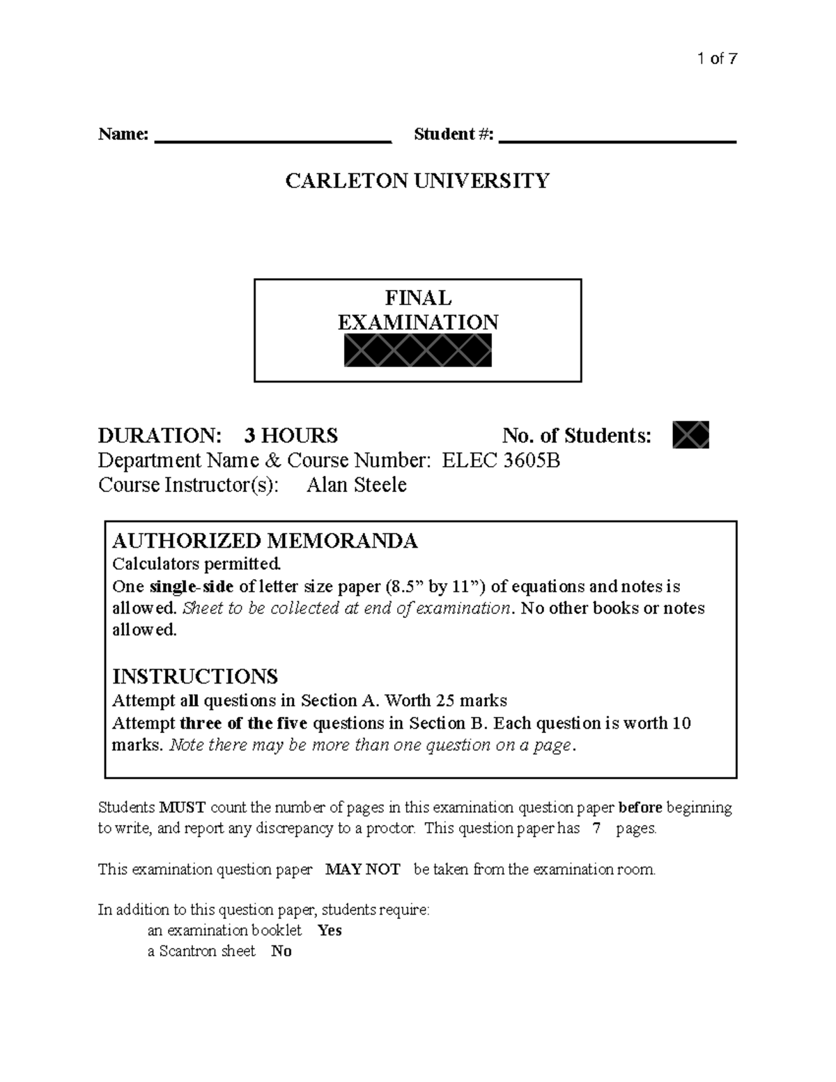 Past Exam - ####### Name: __________________________ Student ...