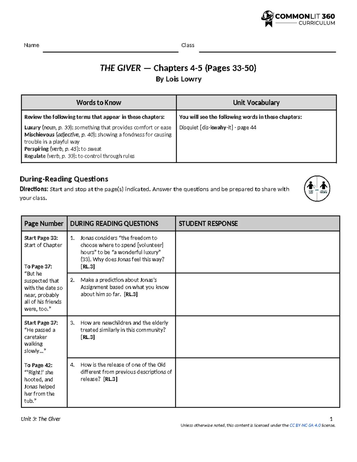 6G Unit 3 The Giver Chapter 4-5 During-Reading Questions Student - Name ...