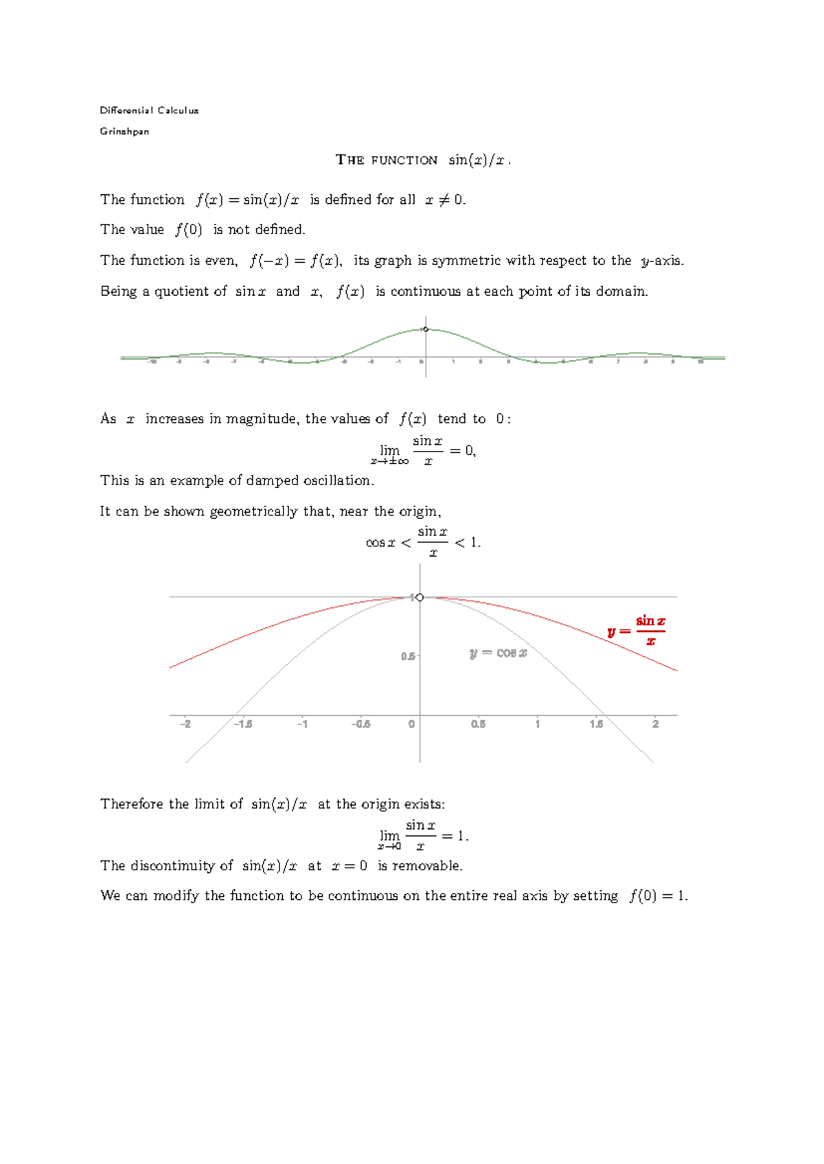 Sin of x over x - Differential Calculus Grinshpan The function sin(x)/x ...