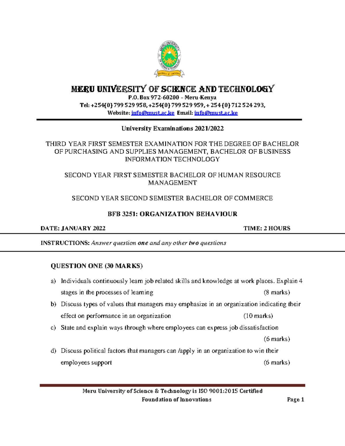 BFB 3251 Organization Behaviour - Meru University of Science ...