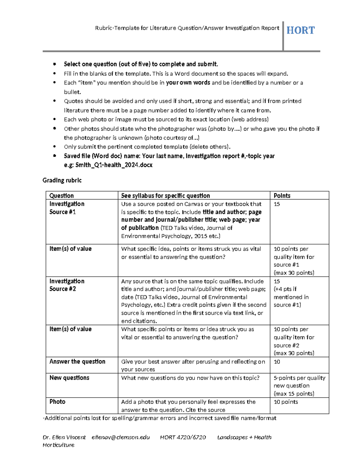 Rubric-Template Literature-question answer investigation report - HORT ...