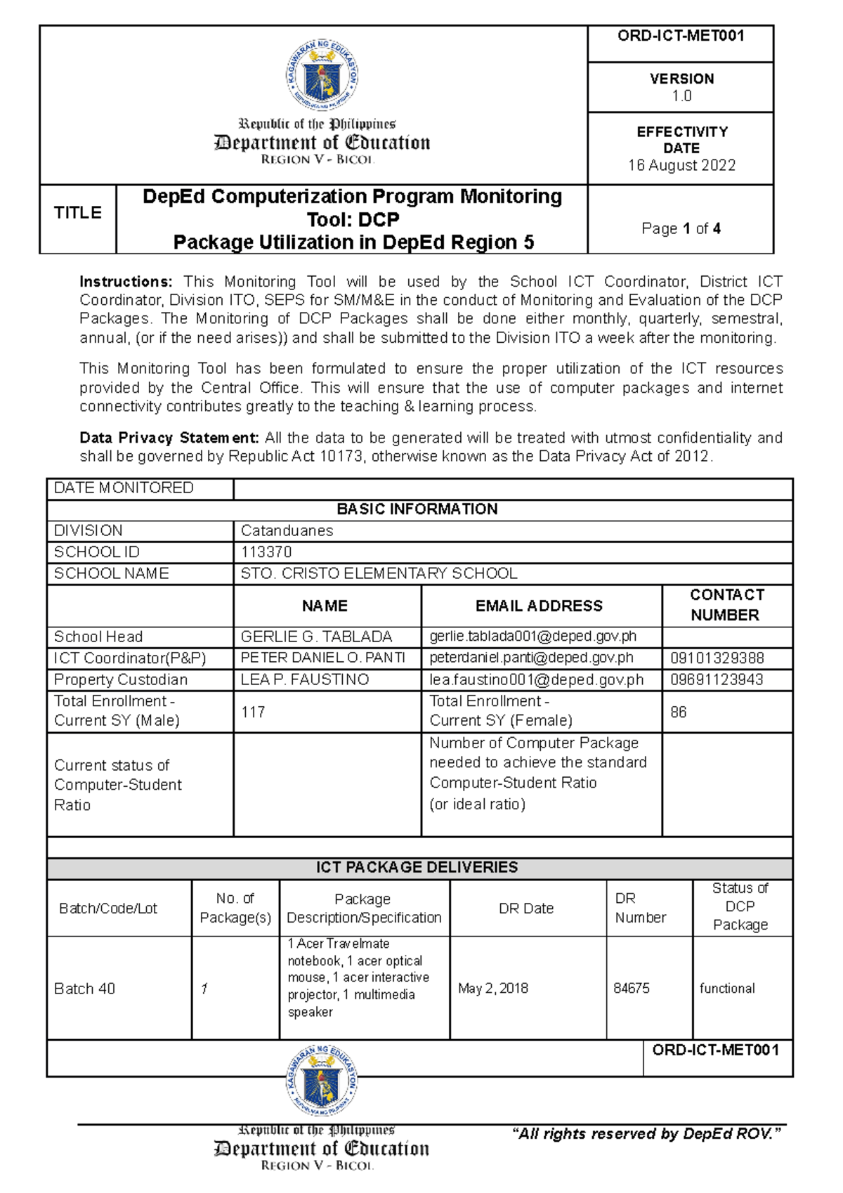 Monitoring Tool DCP 1 - ORD-ICT-MET VERSION 1. EFFECTIVITY DATE 16 ...