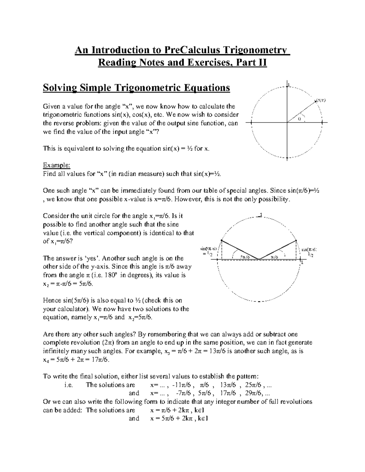 Trigo Notes For Lectures An Introduction To Precalculus Trigonometry