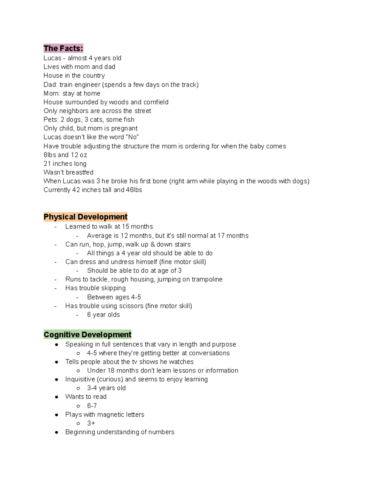 Developmental Profile 3 - The Facts: Lucas - almost 4 years old Lives ...