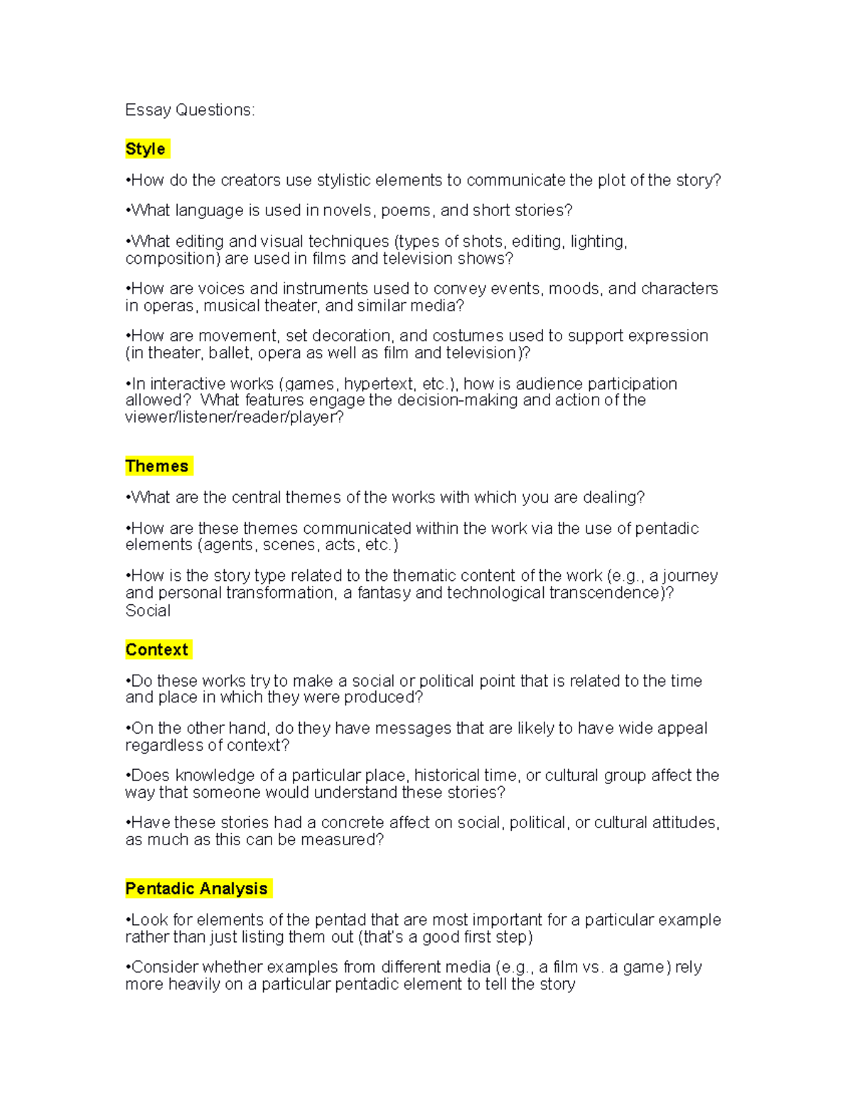 Essay questions - Essay Questions: Style •How do the creators use ...