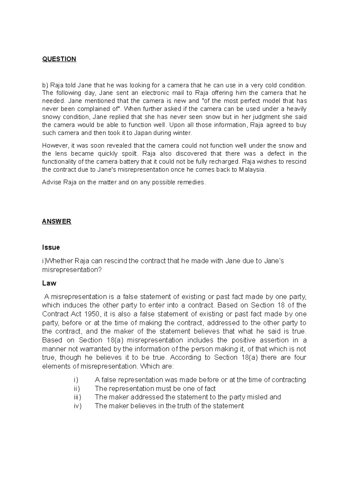 Tuto Loc (Misrepresentation) - QUESTION b) Raja told Jane that he was ...