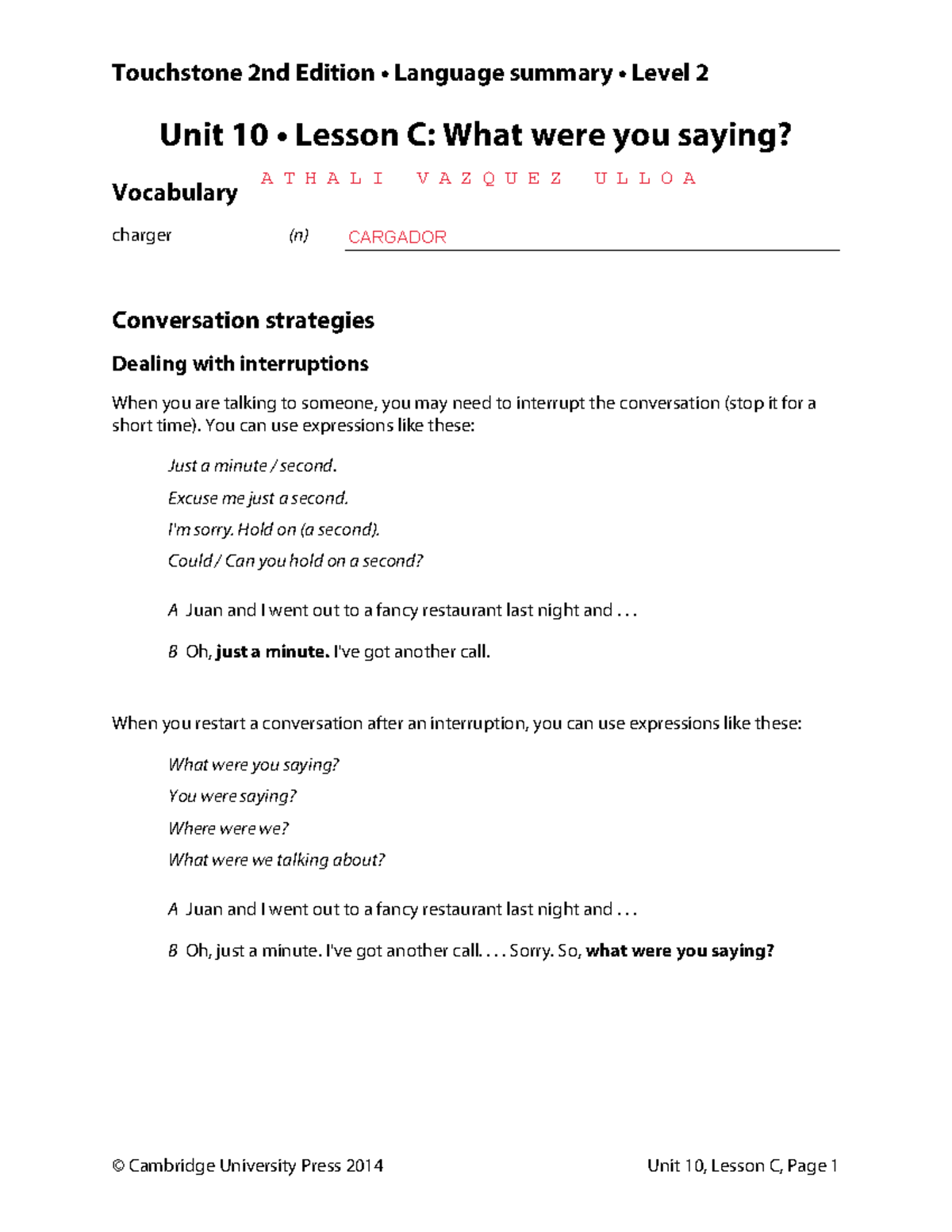 TS2e L2 U10 LC Langsum - tarea - Touchstone 2nd Edition • Language summary • Level 2 Unit 10 ...