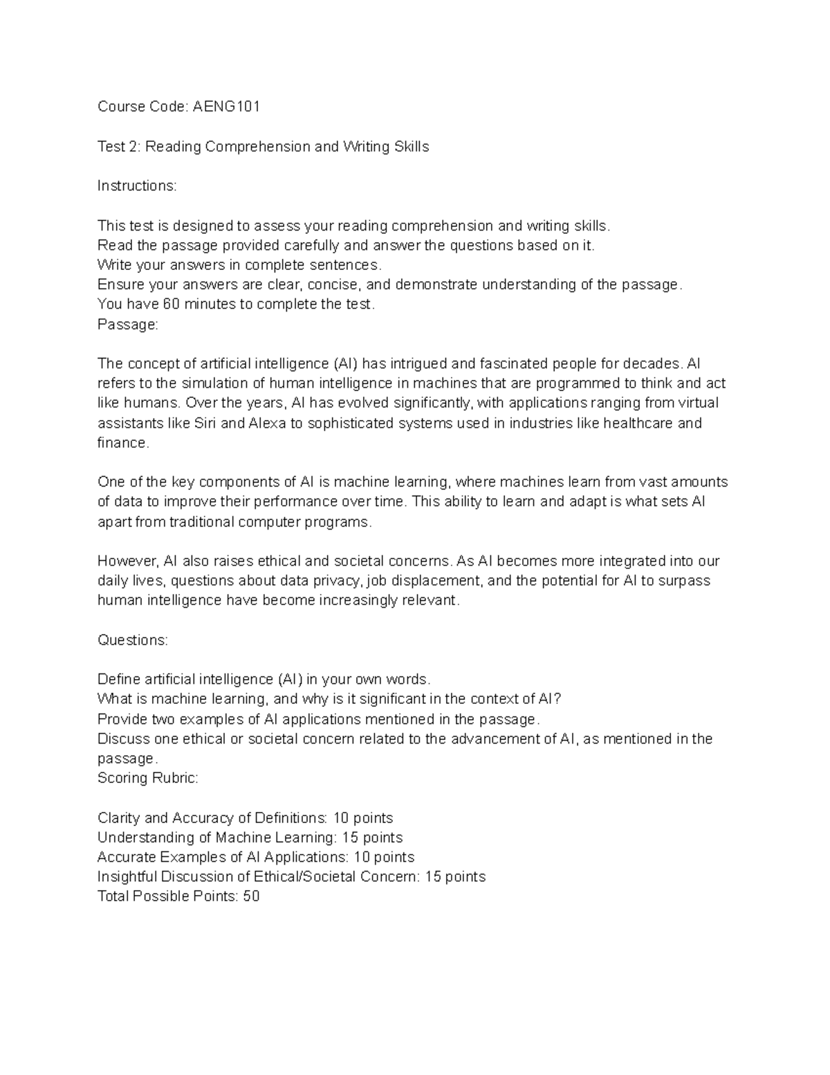 Test 2 Reading Comprehension and Writing Skills AENG101 - Course Code ...
