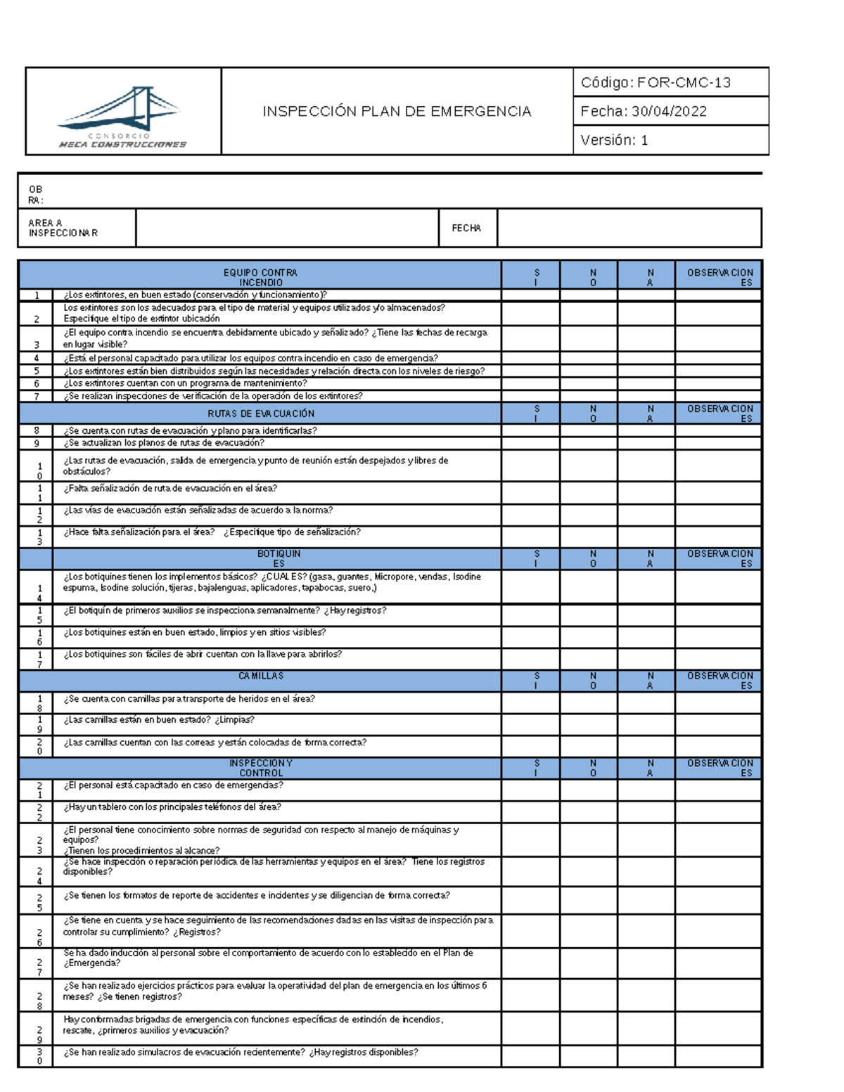 FOR-CMC-13 Inspección Plan de Emergencias - INSPECCIÓN PLAN DE ...