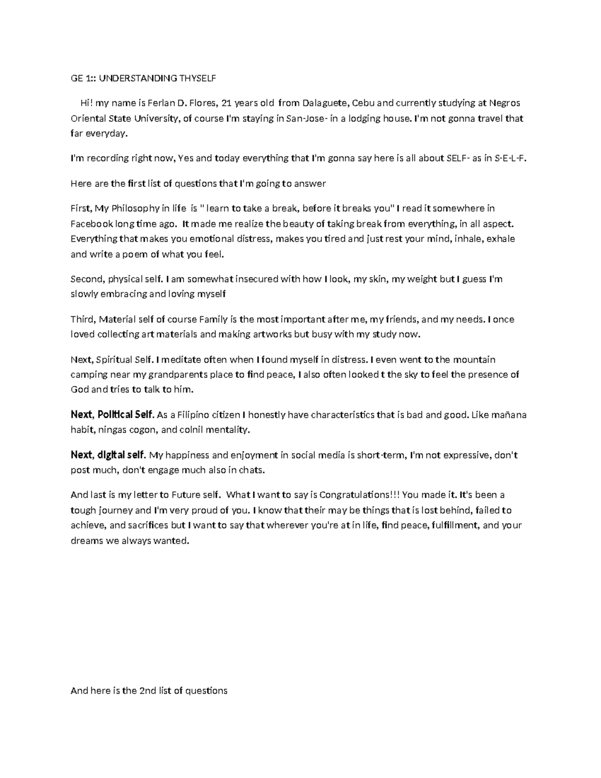 GE 1 Understa-WPS Office - GE 1:: UNDERSTANDING THYSELF Hi! my name is ...