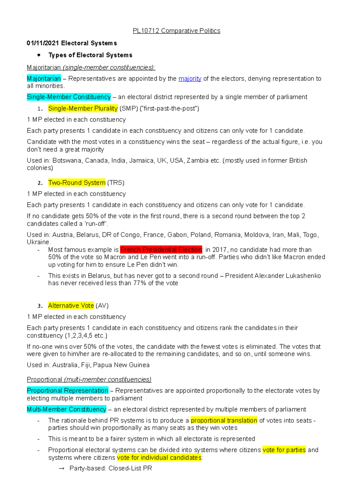 Lecture 5: Electoral Systems - PL10712 Comparative Politics 01/11/2021 ...