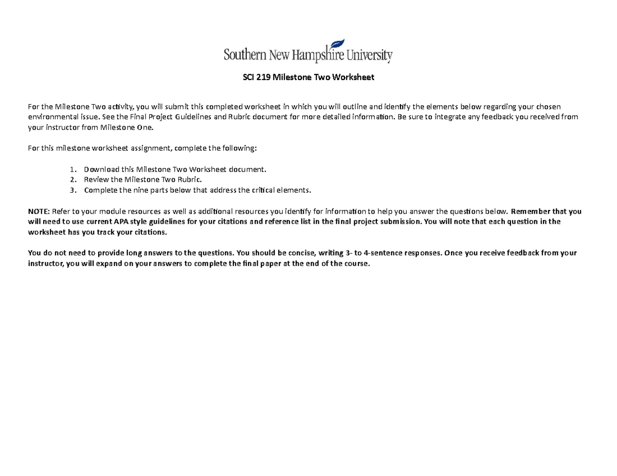 SCI 219 Milestone Two Worksheet - SCI 219 Milestone Two Worksheet For ...