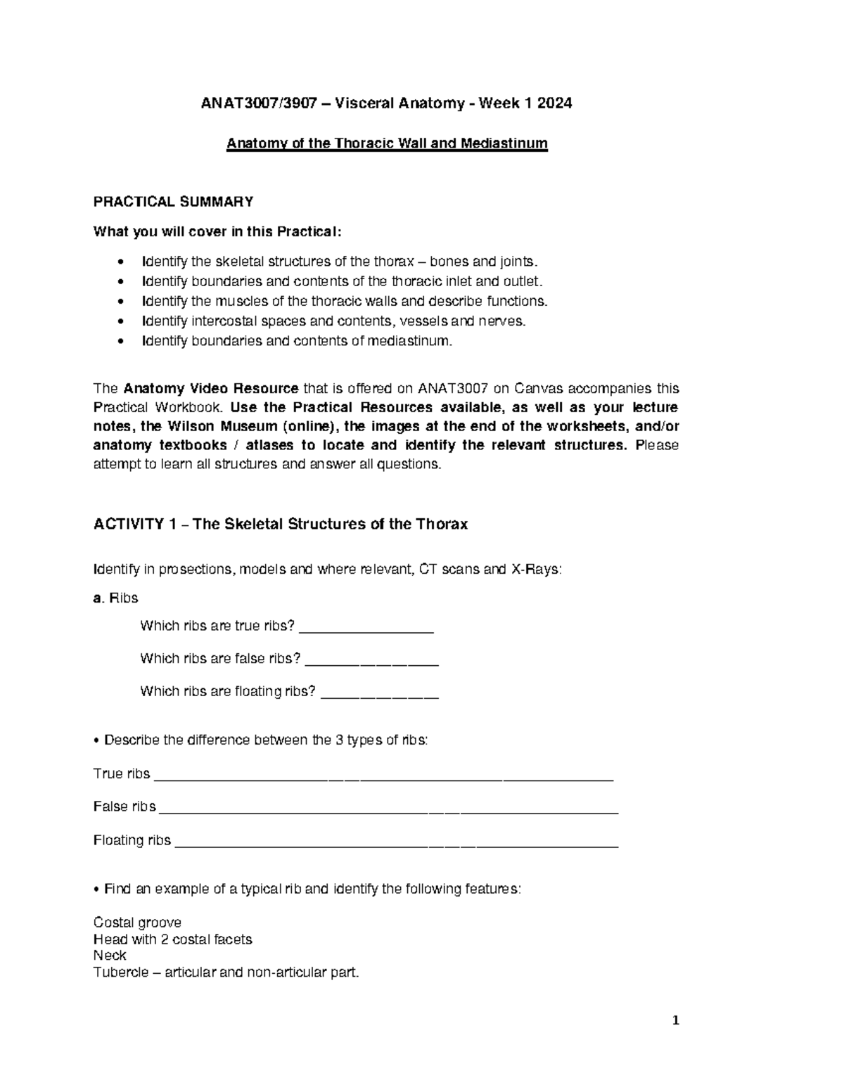 ANAT3007 Week 1 Anatomy Practical Worksheets - Thorax and Mediastinum ...