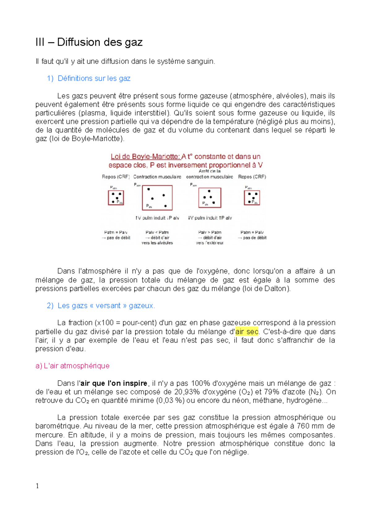 Cours 3 physiologie animale - III – Diffusion des gaz Il faut qu'il y ...