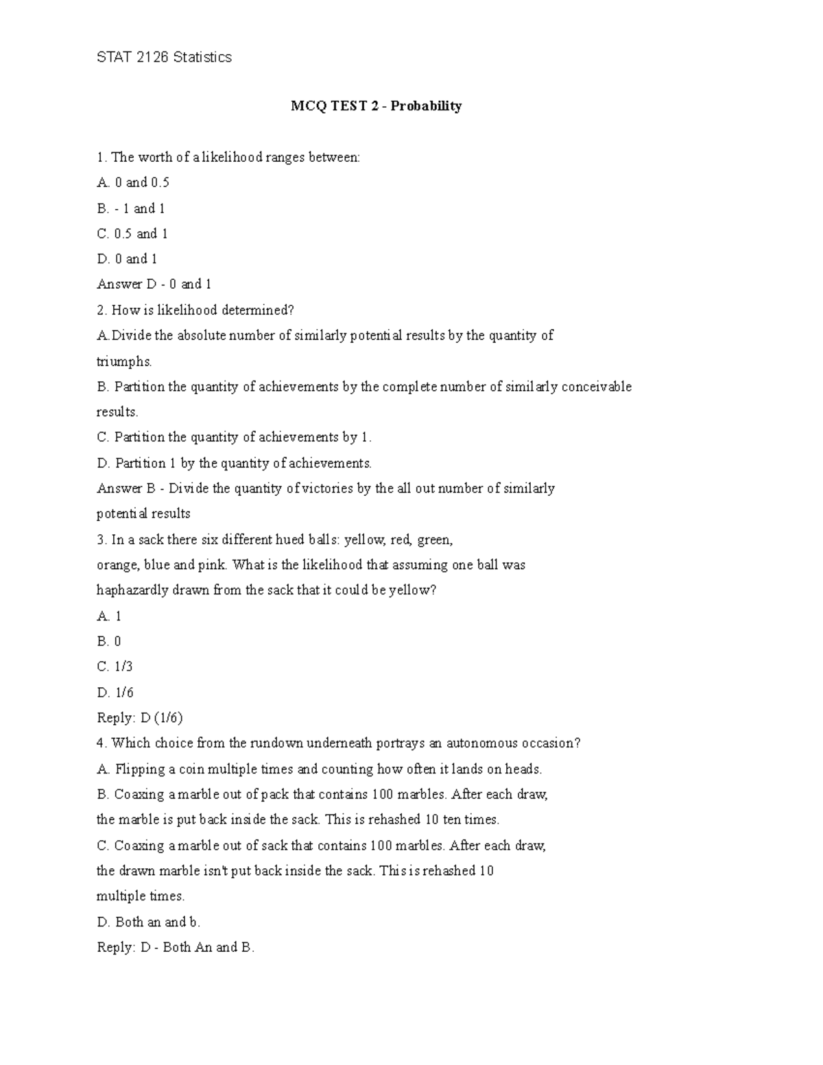 STAT 2126 Statistics MCQ TEST 2 - Probability - ECOA 3006 - Dal - Studocu