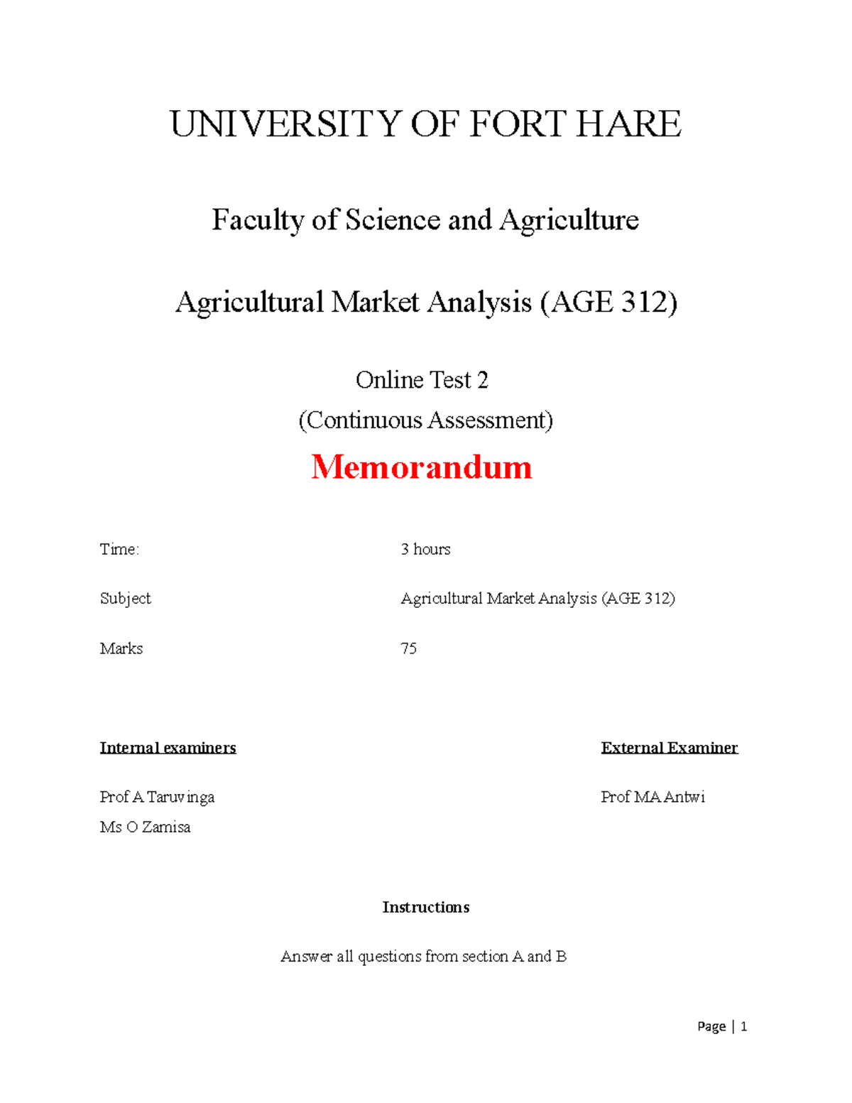 TEST 2 Memo - age 312 memorandum - UNIVERSITY OF FORT HARE Faculty of ...
