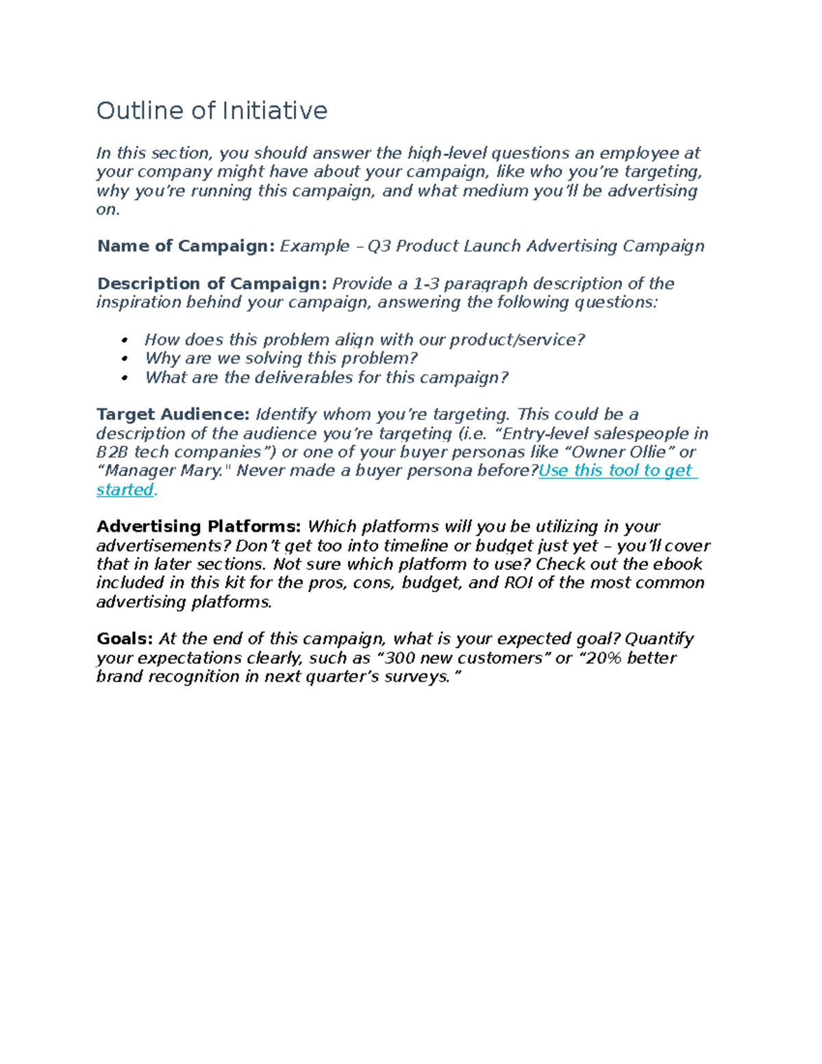 Advertising Plan Template - Outline of Initiative In this section, you ...