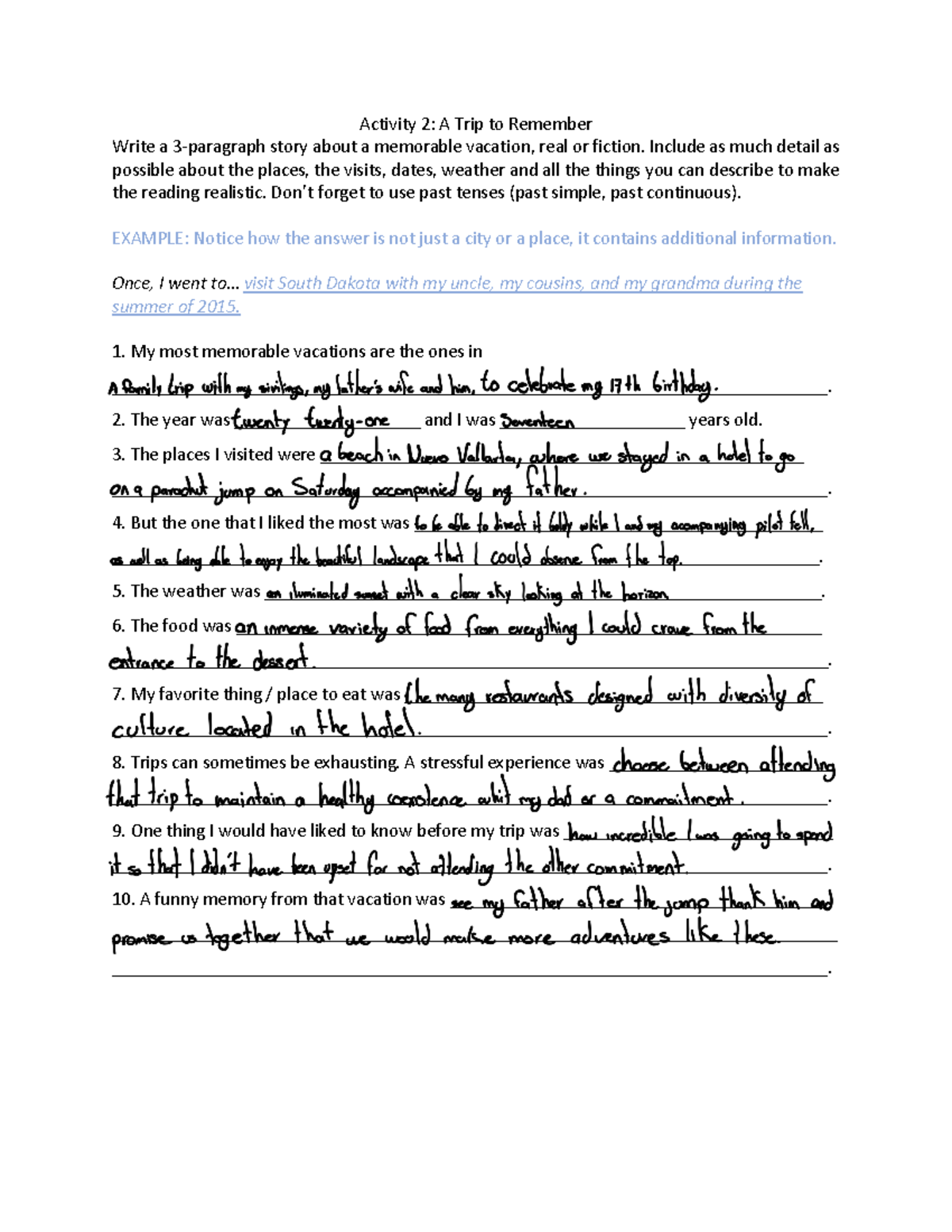 Resource activity 2Standard - Activity 2: A Trip to Remember Write a 3 ...