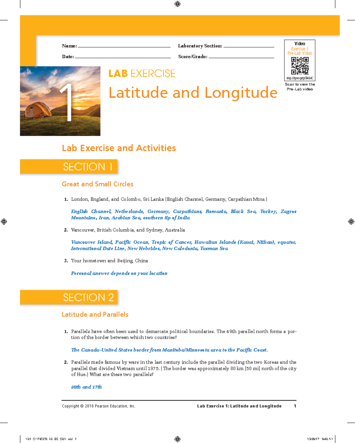 Latitude and longitude - Copyright © 2018 Pearson Education, Inc. Lab Exercise 1: Latitude and ...