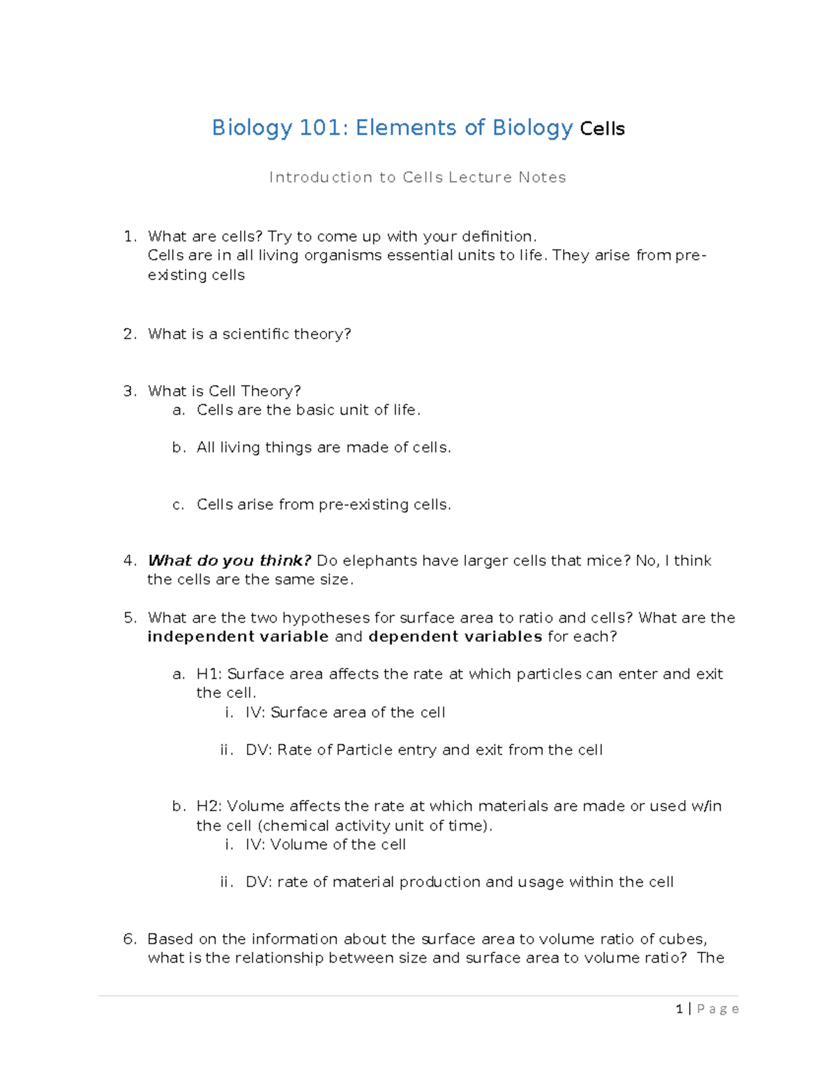 Biology 101 Intro to Cells Lecture Notes 1 lesson 4 filled notes-1 ...