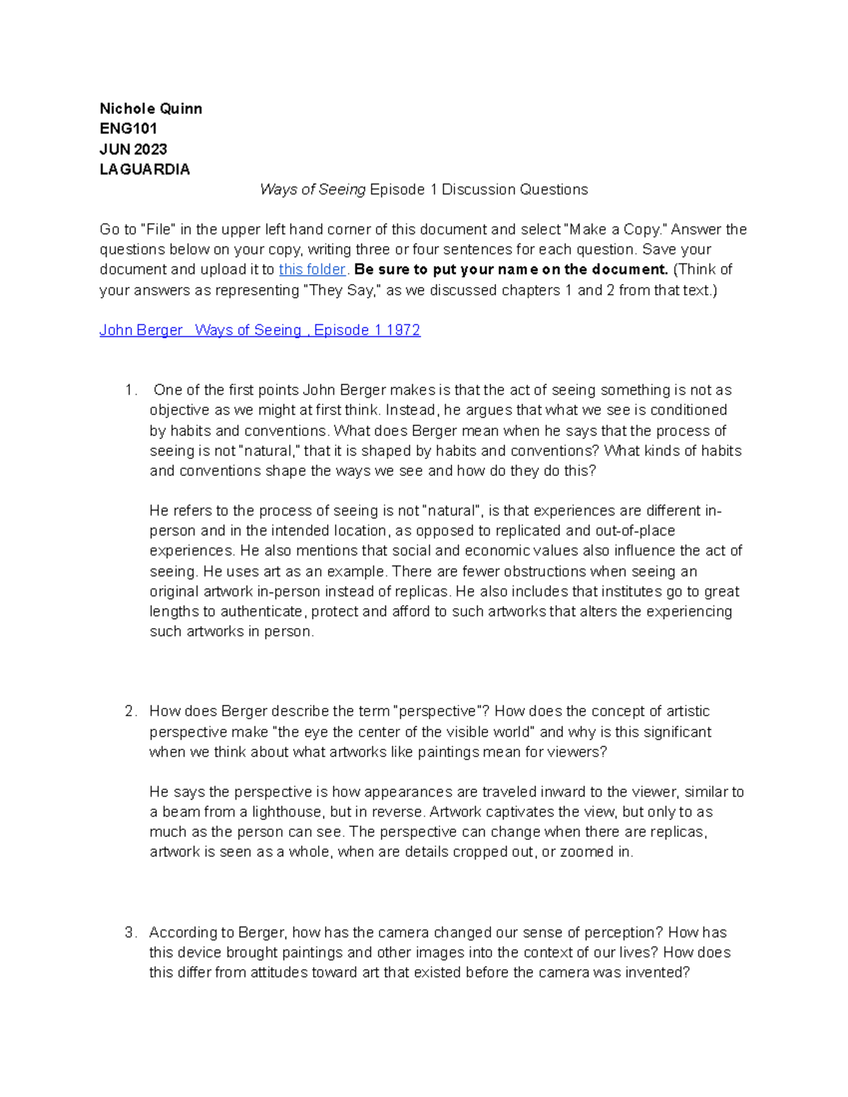 Ways of Seeing Ep 1 Discussion Questions - Nichole Quinn ENG JUN 2023 ...