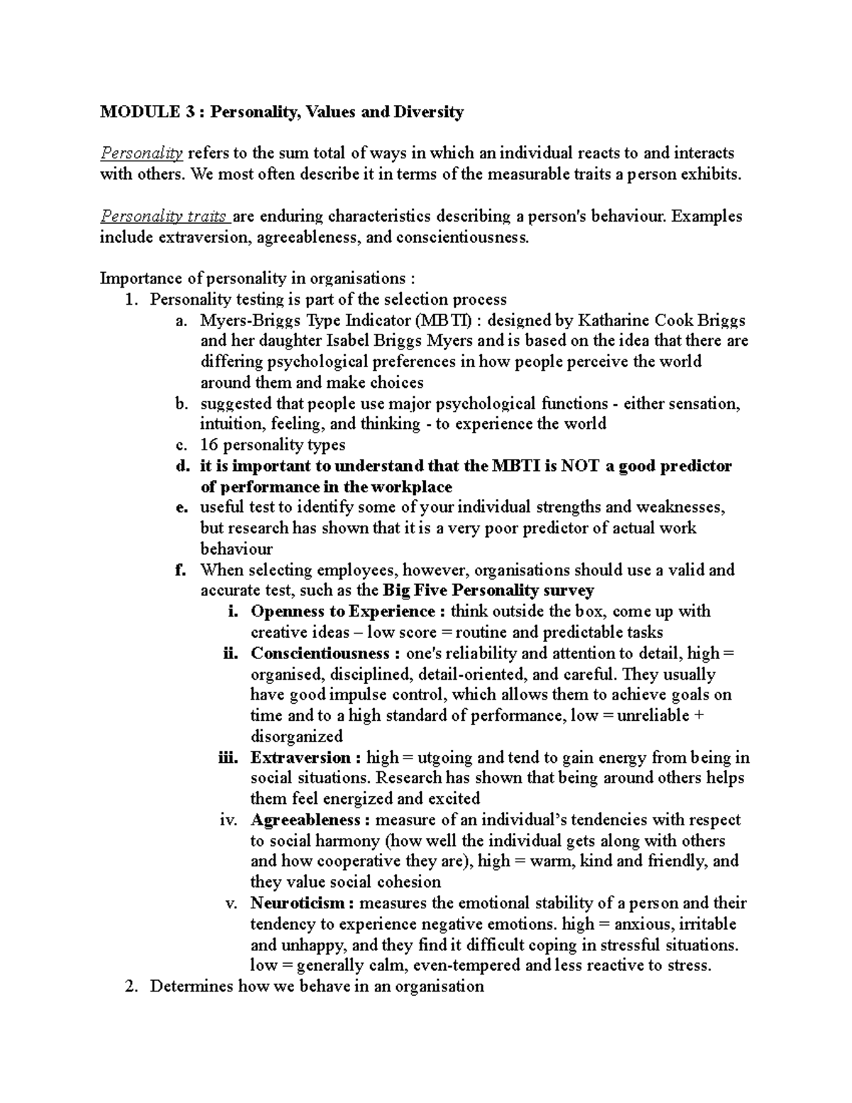 Notes OB - MODULE 3 : Personality, Values and Diversity Personality ...